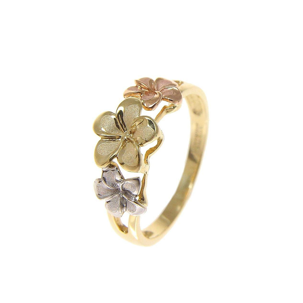 Arthur's Jewelry Solid 14k tricolor gold 6.5mm-8mm-6.5mm Hawaiian plumeria flower ring size 10