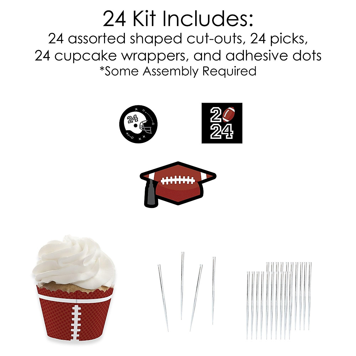 Big Dot of Happiness Grad Football - Cupcake Decoration - 2024 Graduation Party Cupcake Wrappers and Treat Picks Kit - Set of 24