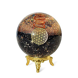 Orgonite Crystal Black Tourmaline Crystal Ball with Stand for Energy Purification and E-Energy Protection – Channels Positive Vibrations for Healing Connection between Body, Mind and Spirit