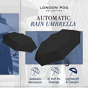 London Fog Rain Umbrella, Automatic Folding Umbrella, Windproof, Lightweight and Packable for Travel, Full 42 Inch Arc, Black
