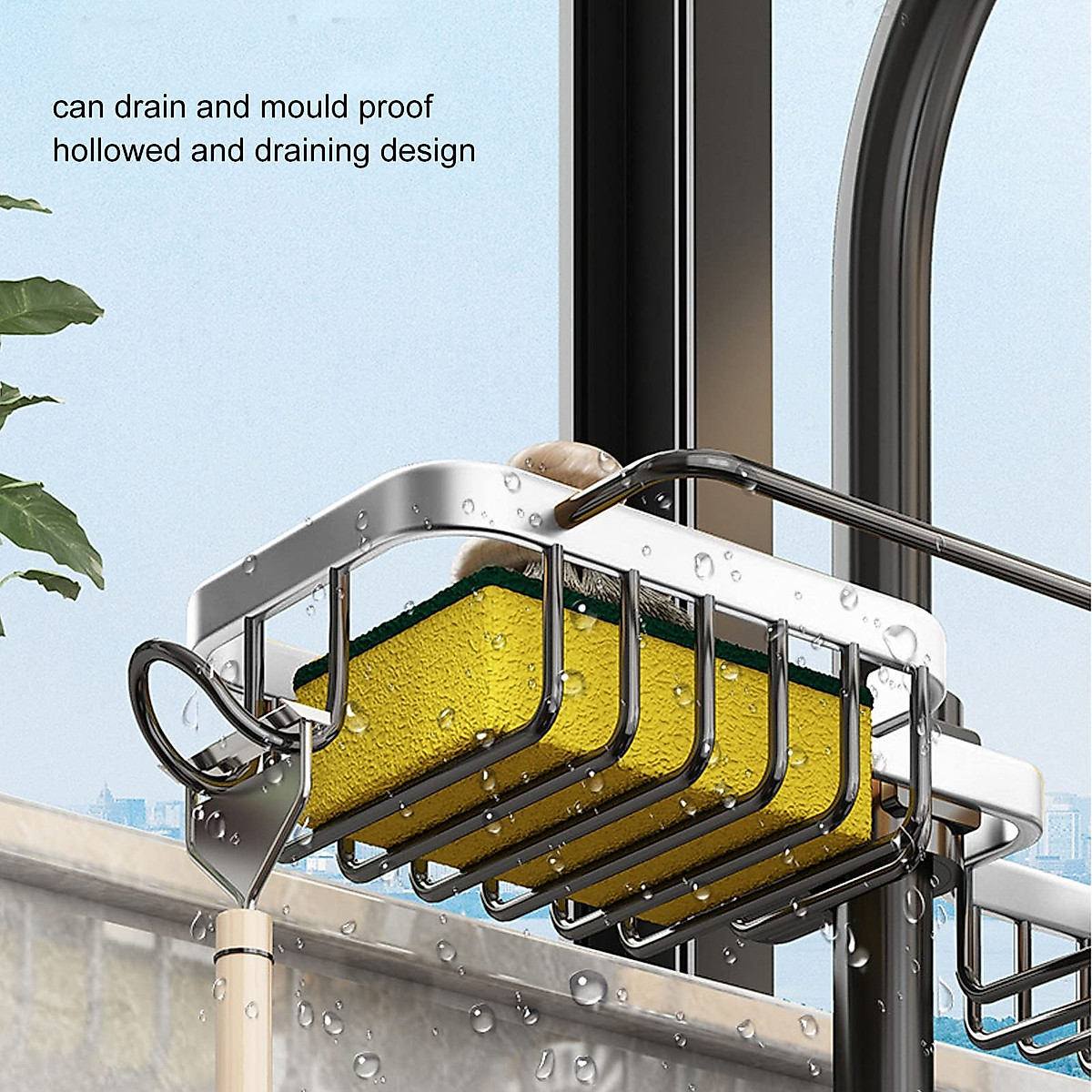 Jeanoko Faucet Storage Shelf Aluminum Plastic Two Containers with Towel Rod Kitchen Sink Faucet Shelf for Sponge Rag Kitchen Bathroom(Silver)