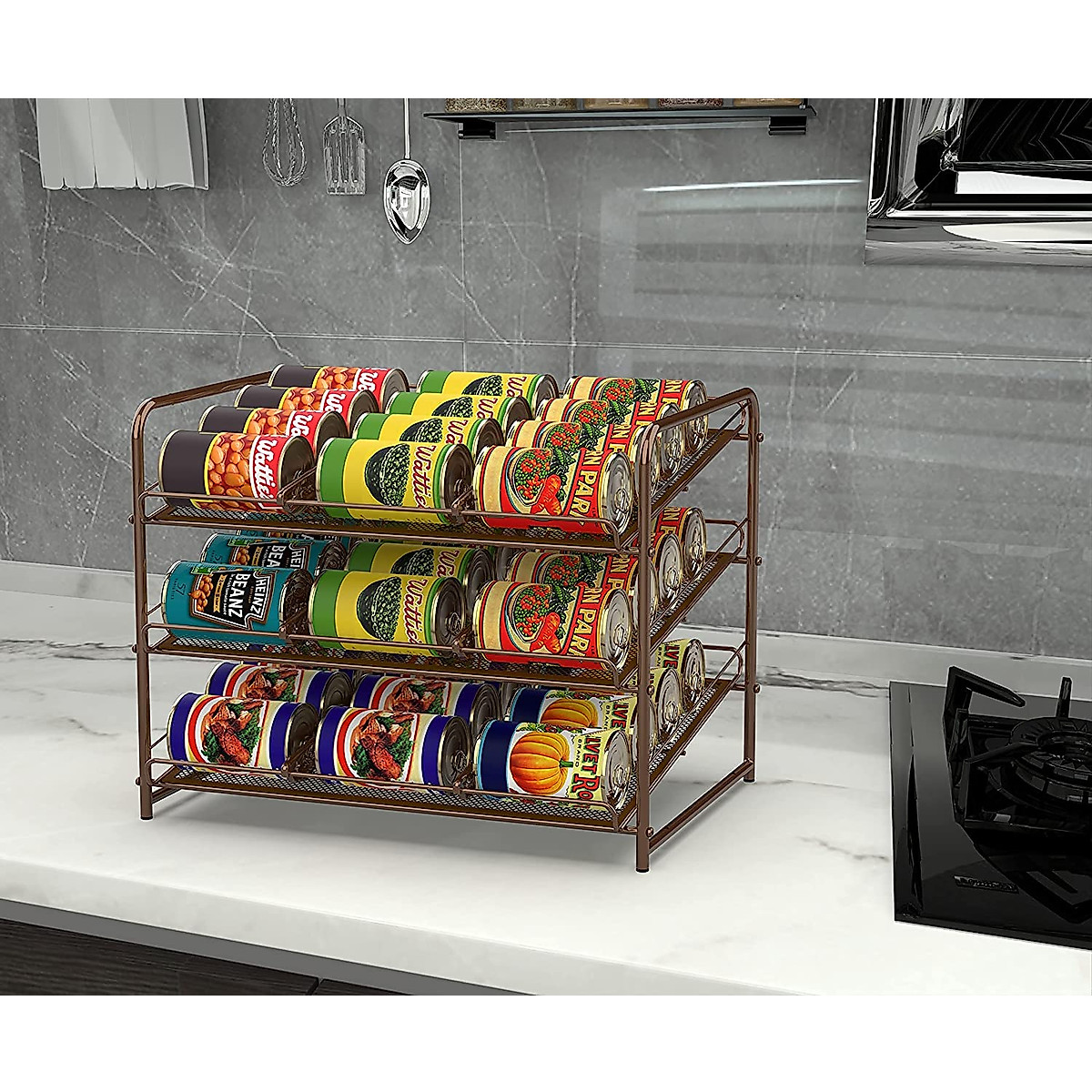 Simple Trending 3 Tier Stackable Can Rack Organizer, Mesh Can Storage Dispenser for Kitchen Cabinet or Pantry, Bronze
