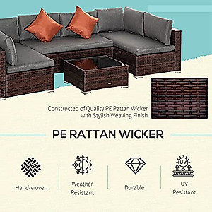 Outsunny 4-Piece Patio Furniture Sets Outdoor Wicker Conversation Set PE Rattan Sectional Sofa Set with Tempered Glass Coffee Table and Cushions for Backyard and Garden, Brown