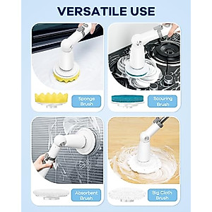 MABOGU Electric Spin Scrubber, Cordless Shower Scrubber with 8 Replaceable Brush Heads, Bathroom Scrubber Electric Dual Speeds, Shower Cleaning Brush with Extension Arm for Tub Tile Floor(Grey&White)