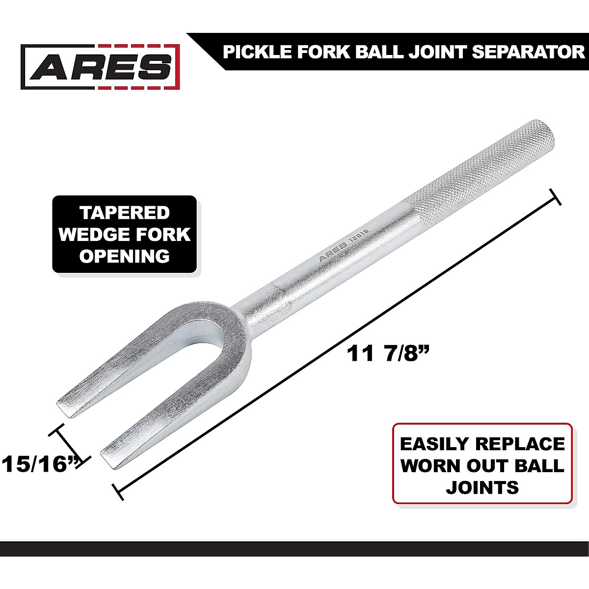 ARES 12016-15/16-inch Pickle Fork Ball Joint Separator - Tempered Drop Forged Steel Construction - 15/16-Inch Tapered Fork with Non-Slip Knurled Handle