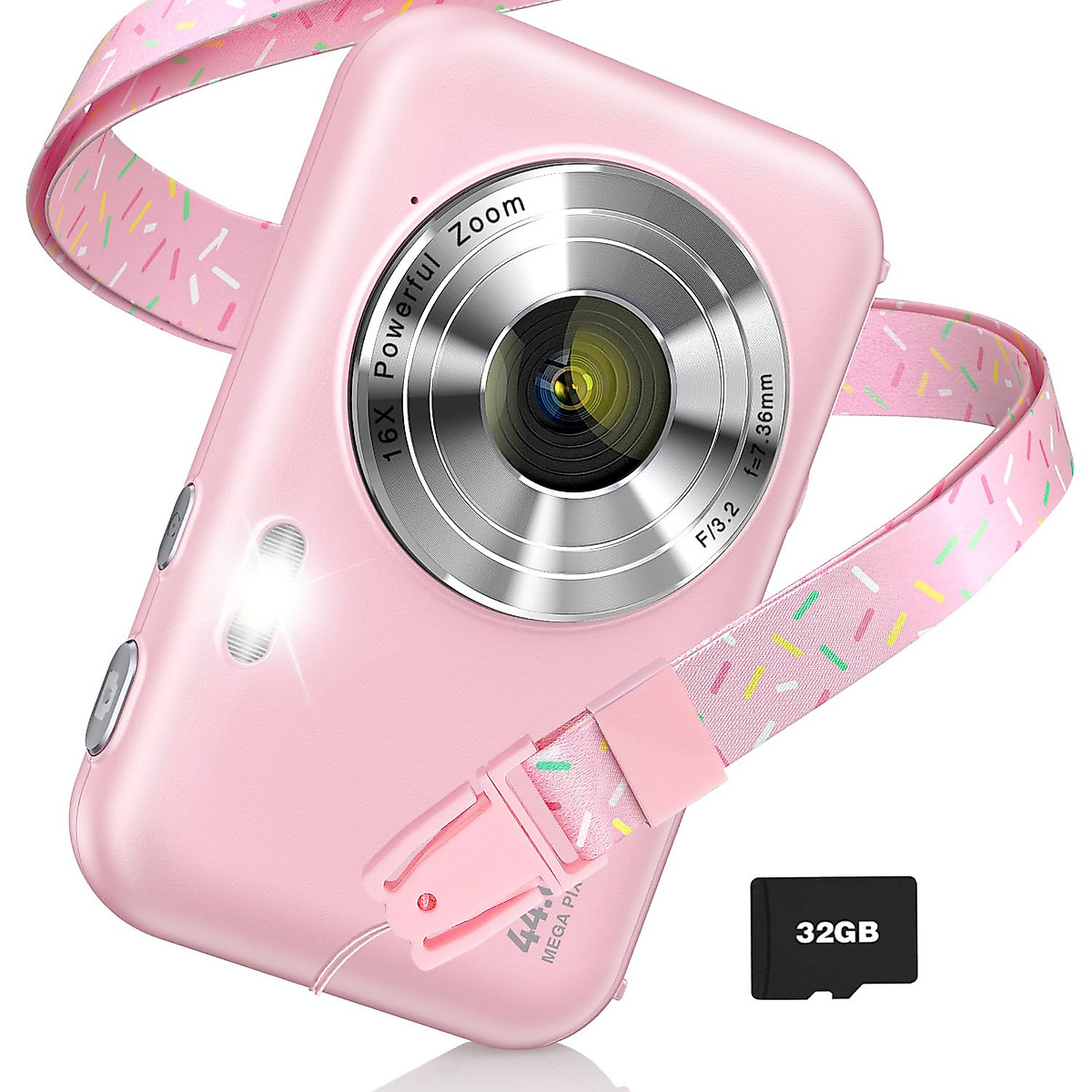 Digital Camera, FHD 1080P Kids Camera with Neck Lanyard 32GB Card Battery, Anti-Shake 16X Digital Zoom, 44MP Point Shoot Cameras, Compact Portable Small Gift Camera for Kid Teen Student Girl Boy(Pink)
