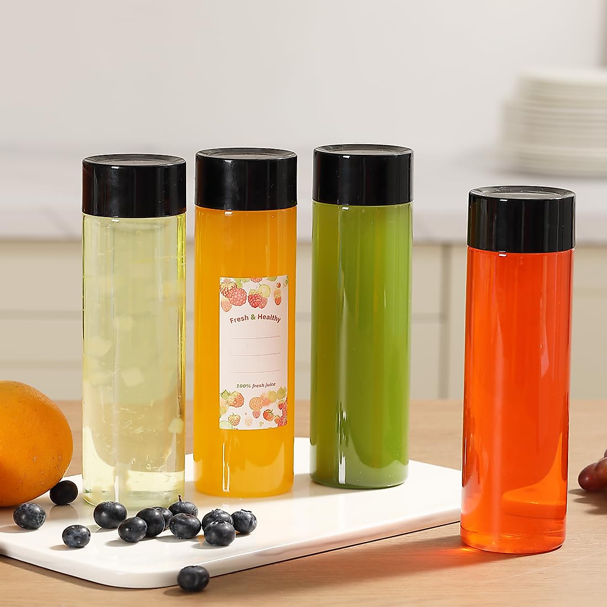 Naivees 30 Pcs 12 Oz Juice Bottles with Black Lids Empty Plastic Round Bottle Reusable Round Containers with Caps Suitable for Water Juice Tea Milk and Other Beverages