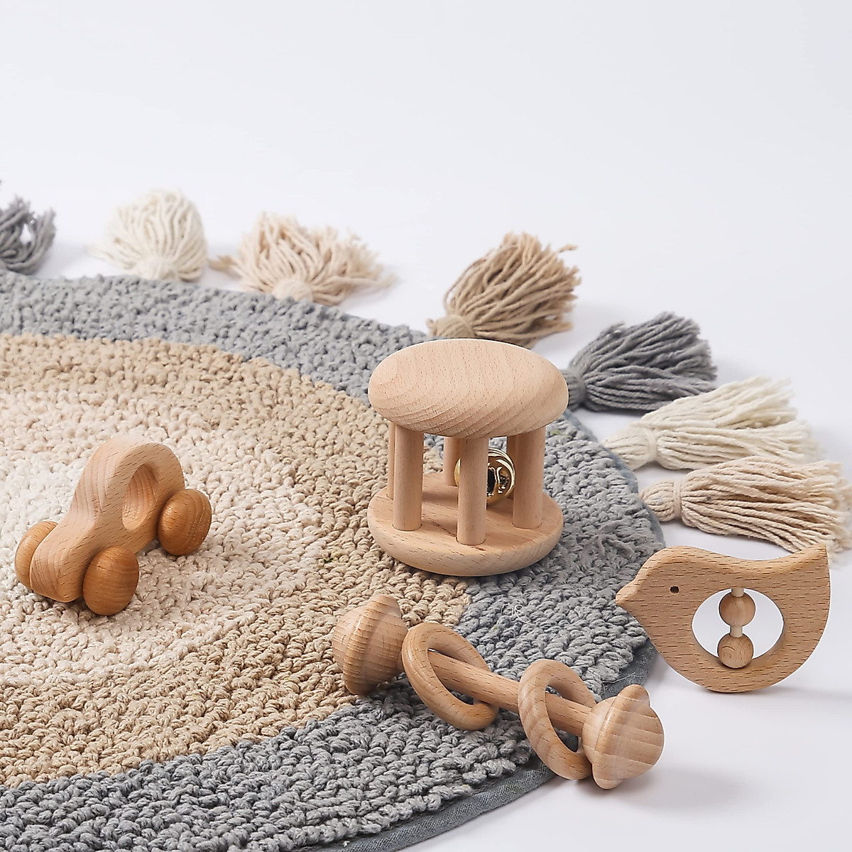 Wooden Baby Toys Wooden Rattle 4PC Handmade Natural Organic Preschool Baby Grasping Toy