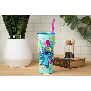 Silver Buffalo Disney Lilo and Stitch Aloha Double Walled Tumbler with Straw, 22 Ounces