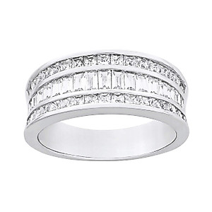 .925 Sterling Silver & Baguette Cut and Princess Cut Cubic Zirconia Channel Set Band Style Statement Ring - Size 6