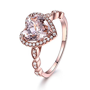 8mm Heart Shaped Cut Pink Morganite 14k Rose Gold Diamond Halo Marquise Engagement Ring Wedding Band