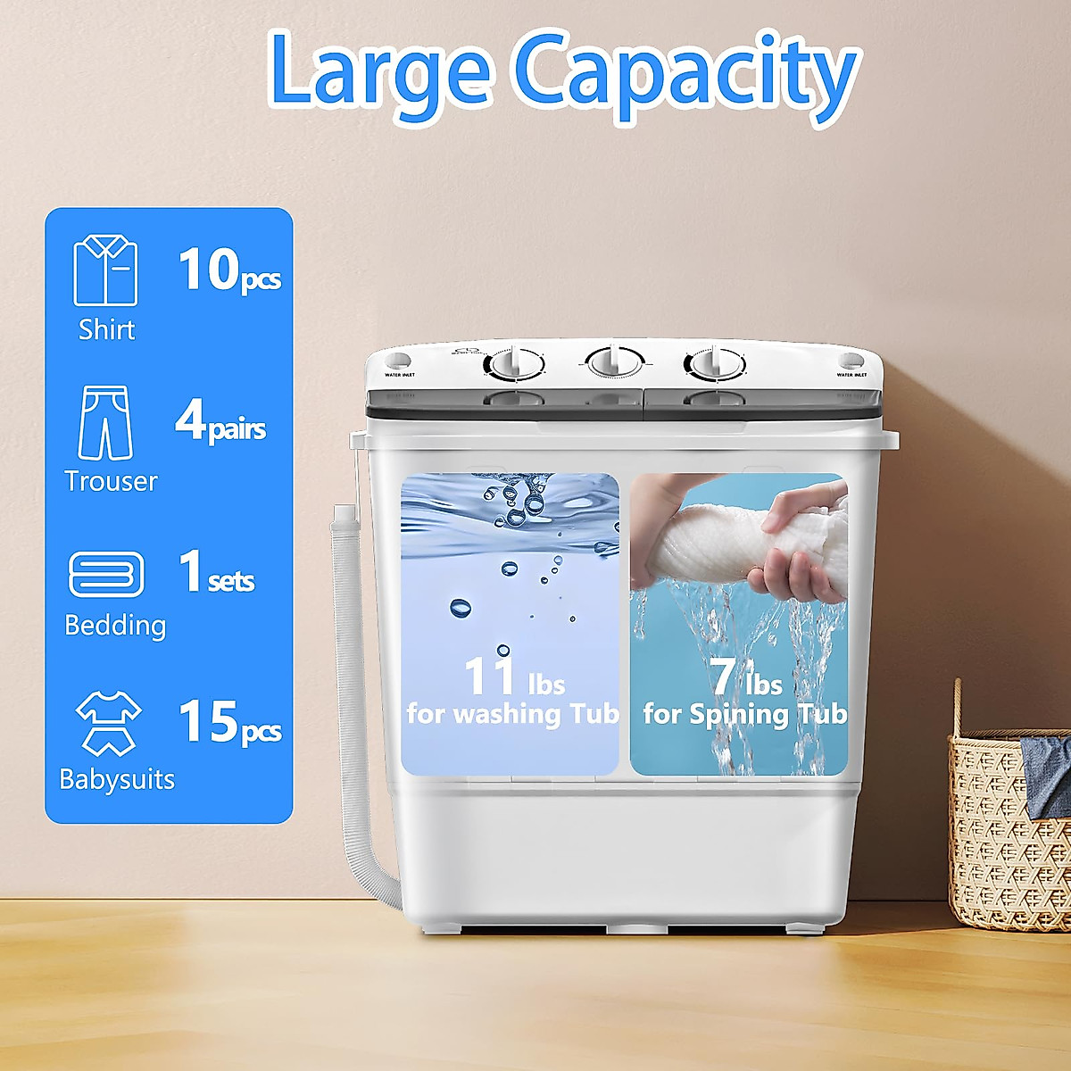 DOGHLY Compact Semi-Automatic Twin Tub Washer, 18lbs Capacity with 11lbs Washer and 7lbs Spinner, Ideal for Camping, Apartments, Dorms, College, RVs, and Small Spaces