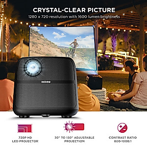 ION Audio Projector Deluxe HD Battery/AC Powered 720p HD LED Bluetooth-Enabled Projector with Powerful Speaker