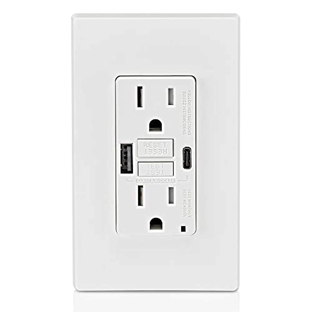 Leviton T5635-W USB Dual Type-C with Power Delivery (PD) In-Wall Charger, White & GUAC1-W 15A SmartlockPro Self-Test GFCI Combination 24W(4.8A) Type A/C USB in-Wall Charger Outlet, White