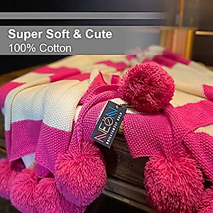 Knit Pink Throw Blankets for Couch- 50x60 Inches , Reversible Woven Cotton Striped Soft Throw Blanket for Bed with Pom Pink & Cream Full