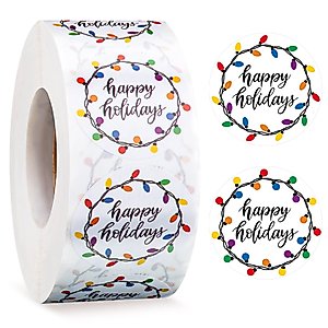 Epakh 1000 Pcs 1.5 Inch Happy Holiday Stickers Christmas Sticker for Envelopes Circle Label Holiday Lights Sticker Round Xmas Tag Envelope Seal Decals for Christmas Greeting Card (Black)