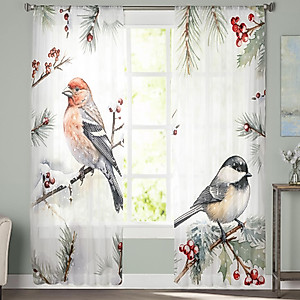 Christmas Semi Sheer Curtains 96 inches Long for Living Room, Christmas Winter Robin Bird on Tree Red Berries Pine Window Treatments Curtains Rod Pocket Light Filter Sheer Bedroom Drapes 2 Panels