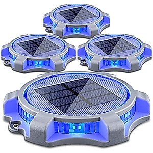Siedinlar Solar Deck Lights Outdoor 2 Modes LED Driveway Markers Dock Light Solar Powered Waterproof for Step Walkway Ground Stair Pathway Yard Road Garden 4 Pack (Blue/Red)