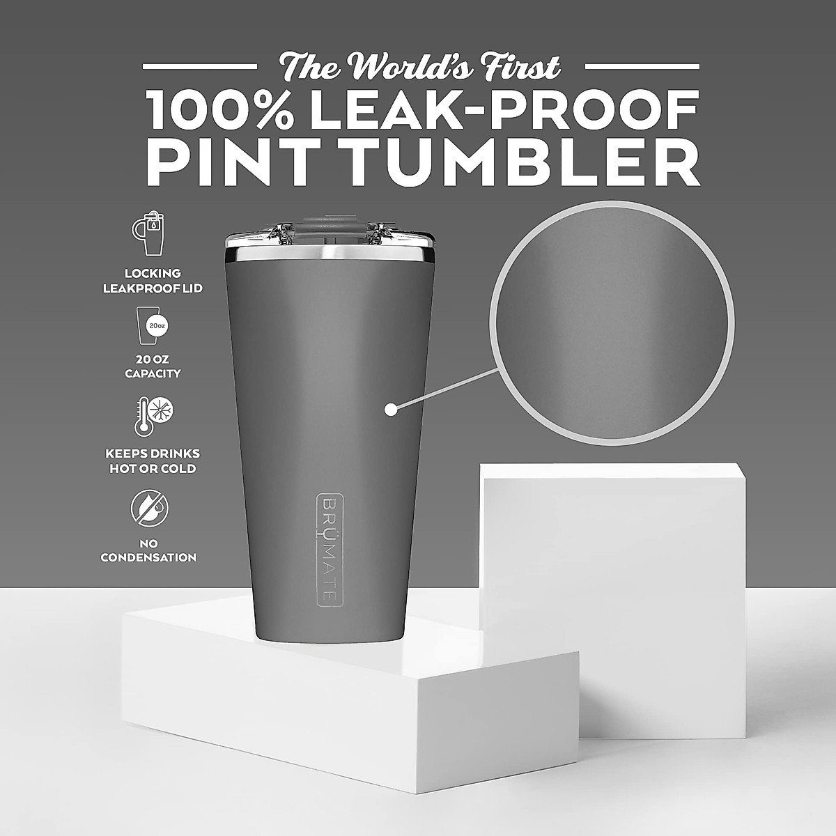 BrüMate Imperial Pint - 20oz 100% Leak-Proof Insulated Tumbler with Lid - Double Wall Vacuum Stainless Steel - Shatterproof - Travel & Camping Tumbler for Beer, Cocktails, Coffee & Tea (Matte Gray)