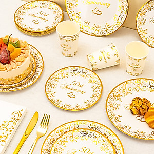 Crisky Gold Foil 50th Anniversary Napkins Plates Cups Set for 50th Anniversary Party Decorations Party Supplies Tableware, Set of 24 (9" Plates,7" Plates, Luncheon Napkins, 9oz Cups)