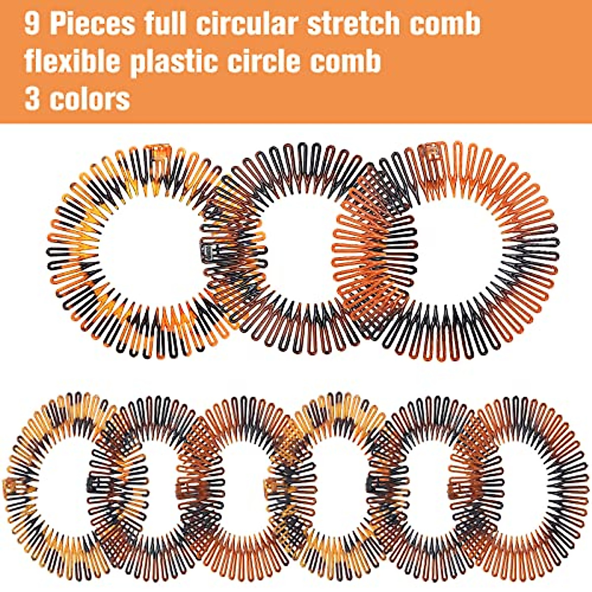 9 Pieces Circular Flexible Plastic Hair Combs and Headbands for Women Girls, 3 Colors (Yellow Leopard, Red Leopard, Tortoise Shell)