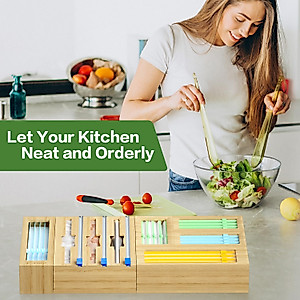 8 in 1 Plastic Wrap Dispenser with Cutter and Bag Organizer, Bamboo Plastic Bag Organizer for Drawer, Kitchen Organizers and Storage, Kitchen Drawer Organizer for Gallon,Quart,Sandwich,Snack Bag