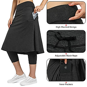 Women Knee Length Skirts with Leggings,Skirted Leggings Skorts Capris for Women Long Skorts Skirts Zipper Pockets(Black Charcoal M)