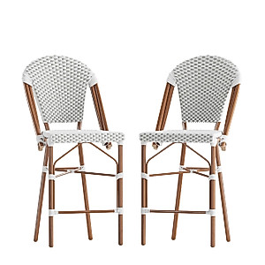 EMMA + OLIVER Colmar Bistro Counter Stool - Stacking Indoor/Outdoor PE Rattan Bar Stool with Bamboo Finish Frame - 26" High - Set of Two - Gray/White