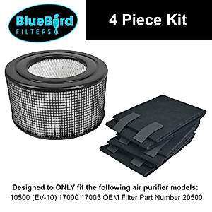 BlueBird Filters Replacement HEPA Filter & Carbon Pre Filter Kit For Honeywell 10500 (EV-10) 17000 17000-S 17005 OEM Part Number 20500 (1 HEPA + 3 Carbon Pre-Filter)
