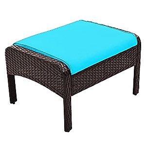 EMKK Furniture 6 pcs Outdoor Patio Sectional Couch PE Wicker Rattan Sofas Set Dining Table with Removable Cushions and Tempered Glass Tea for Backyard, Poolside, Deck, Brown +Blue