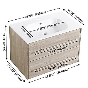 QuixotYDDZ 30" Wall-Mounted Bathroom Vanity Cabinet with Gel Sink Top, Single Sink Floating Bathroom Vanity with Two Drawers, Bathroom Storage Cabinet for Small Space, White Oak