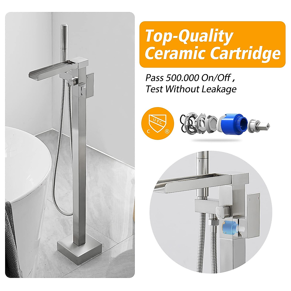 BESy Freestanding Bathtub Faucet Waterfall Tub Filler Brushed Nickel Floor Mount Brass Single Handle Bathroom Tub Faucets with 2 Function Hand Shower Wand