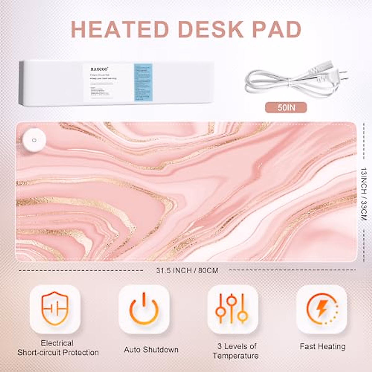 HAOCOO Heated Desk Pad Large, Warm Mouse Pad Gaming, Computer Desk Mat for Desktop, 3 Levels Heating, Auot Shut Off, PU Leather Laptop Keyboard Mat for Home Office,Rose Gold Pink