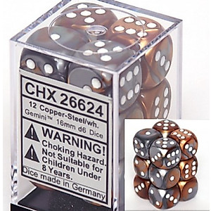 Gemini 16mm d6 Copper-Steel w/white Dice Block 12 pipped dice