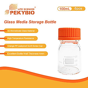 PEKYBIO Glass Media Bottle 100ml Round Storage Bottles 3.3 Borosilicate Glass Regent Bottles with PP GL45 Screw Cap (Pack of 6)
