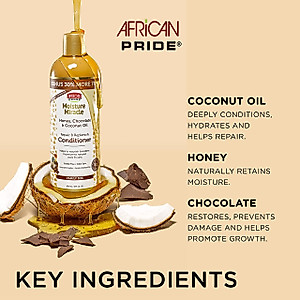 African Pride Honey & Coconut Oil Pre-Shampoo, Shampoo & Conditioner - Repair & Replenish Moisture for Natural Coils & Curls, 12 Oz & 16 Oz