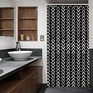 Riyidecor Black Stall Small Boho Shower Curtain for Bathroom Half Size 36x72 Inch Geometric Chevron Striped Herringbone Single Narrow Tiny Walkin Rv Dorm Decor Fabric Bathroom Set Polyester Waterproof