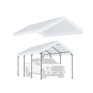 Rutile 12'x20' Carport Replacement Top Canopy Cover for Car Garage Shelter Tent Party Tent with Ball Bungees White (Only Top Cover, Frame is not Included)