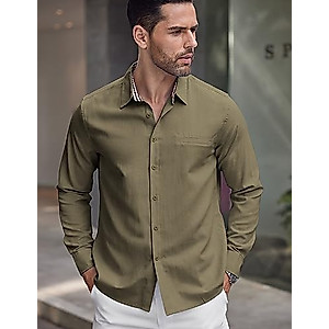 COOFANDY Mens Chambray Dress Shirt Oxford Casual Shirt Button Down Long Sleeve Shirt Army Green