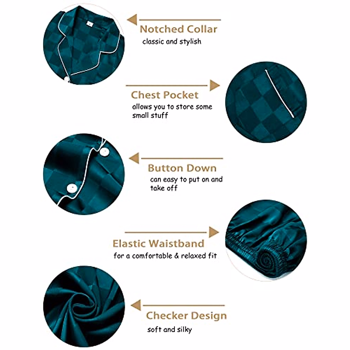 SWOMOG Women's Silk Satin Pajamas Set Short Sleeve Sleepwear Button Down Loungewear Checker Top and Shorts 2 Pcs Pjs