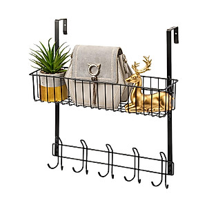 Rumara Over The Door Hanger Hooks, Behind Door Towel Rack, Organizer Hanger with 15 Racks and Basket for Barthroom, Bedroom Kitchen & Pantry, Back of Door Storage Shelf for Coat (1 Basket)