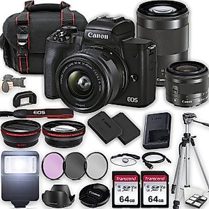 Canon EOS M50 Mark II Mirrorless Camera w/EF-M 15-45mm f/3.5-6.3 is STM Lens + EF-M 55-200mm f/4.5-6.3 is STM Lens + 2X 64GB Memory + Case + Filters + Tripod + More (35pc Bundle)
