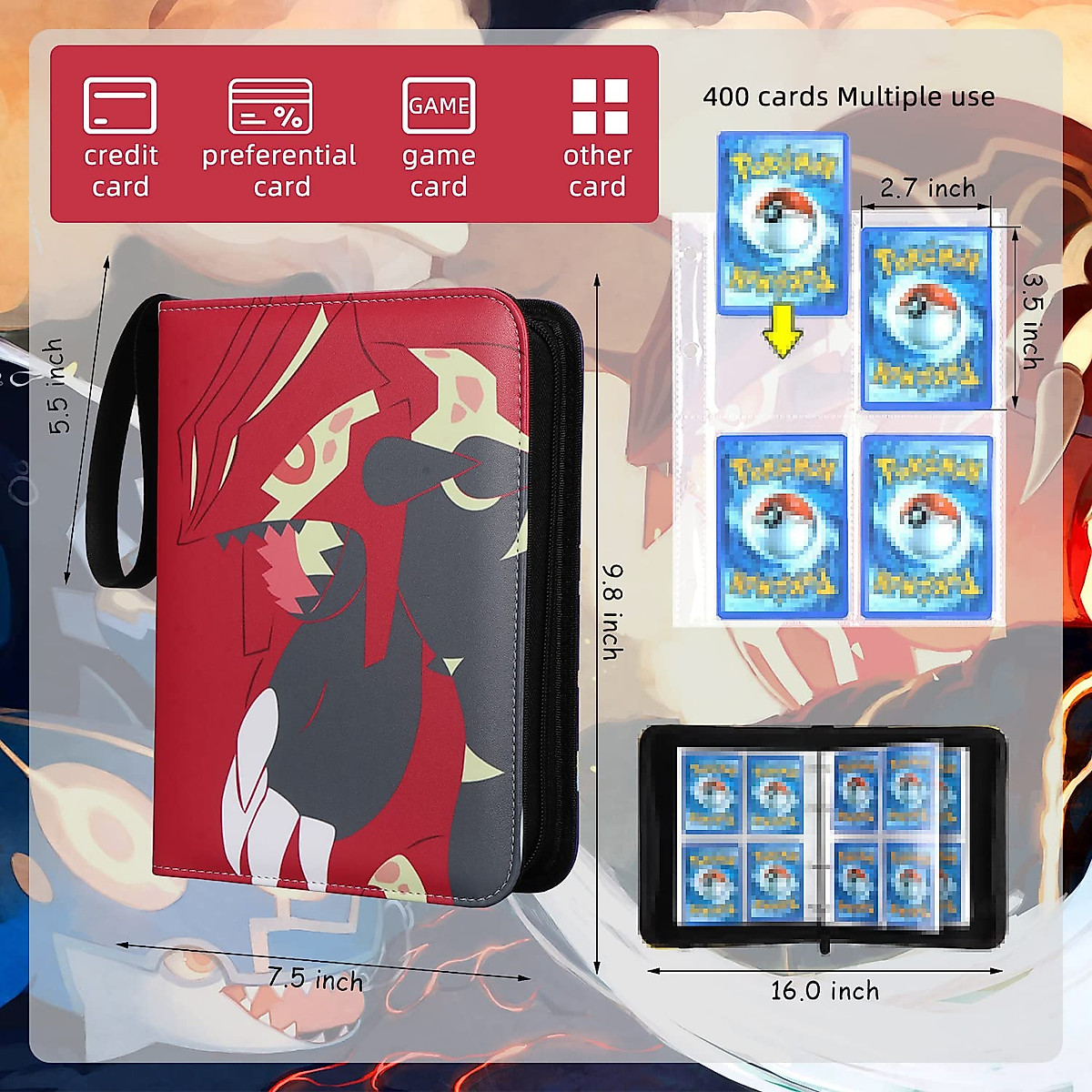 4-Pocket Poke-Monster Card Binder, 400 Pockets Trading Card Binder Zipper Binder Case Album Trading Card Games Collection Binder with Sleeves, Toys Gifts for Kids