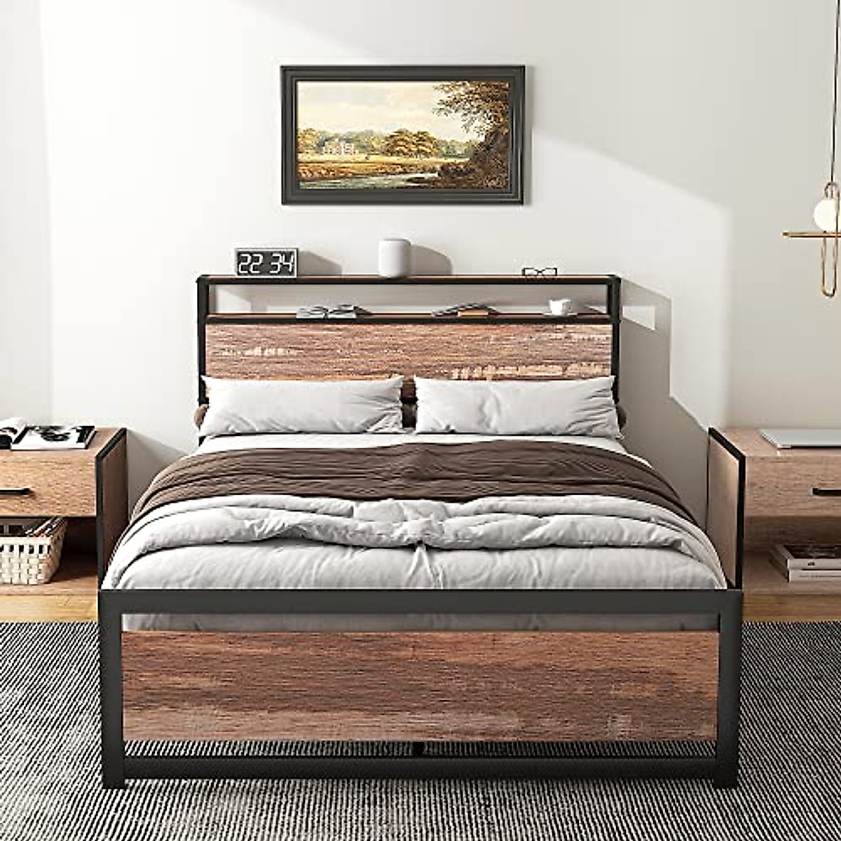Osfvolr Queen Bed Frame, Industrial Metal Platform Bed Frame with 2 Tier Storage Wooden Headboard and Footboard, Heavy Duty Steel Mattress Foundation, Noise Free, Bedroom Furniture, Rustic Brown