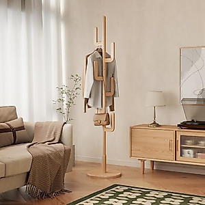 KungFuWood Coat Rack, Solid Wood Cactus Coat Rack Stand, Freestanding Coat Rack with 6 L-shaped Hooks and 3 Adjustable Sizes, Sturdy and Easy to Assemble Coat Tree for Entryway, Bedroom (Natural)