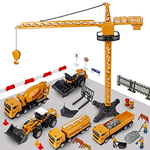 Meland Construction Vehicle Truck Toy Set - 64PCS Kids Engineering Truck Playset with Mat, Crane, Cement, Fuel Truck,Wheel Loader with 3 Interchangeable Parts,Birthday for Boys Toddlers