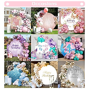 OERJU 7.2x7.2ft Happy Birthday Round Backdrop Cover Burgundy Flowers Rose Gold Photo Background Women Lady Girl 16th 30th 40th 50th 60th Birthday Party Decoration Dessert Cake Table Banner