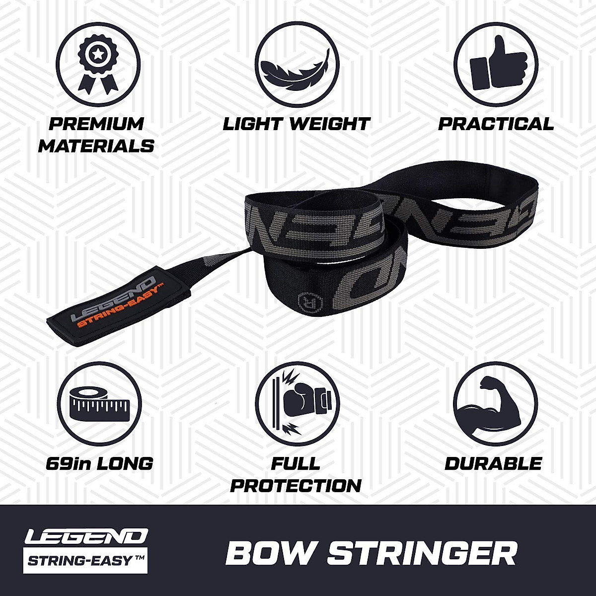 Legend String-Easy Bow Stringer - Archery Stringer for Longbows & Recurve Bows - Limb Tool with High Density, Durable Nylon - Non-Slip, Anti-Twist Bow String Tool - Bow Destringer Accessories - Black