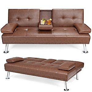 Giantex Convertible Futon Sofa Bed, Faux Leather Sectional Couch Sleeper, Removable Armrests 2 Cup Holders Backrest Adjustable, Upholstered Small Guest Bed for Apartment Living Room Brown