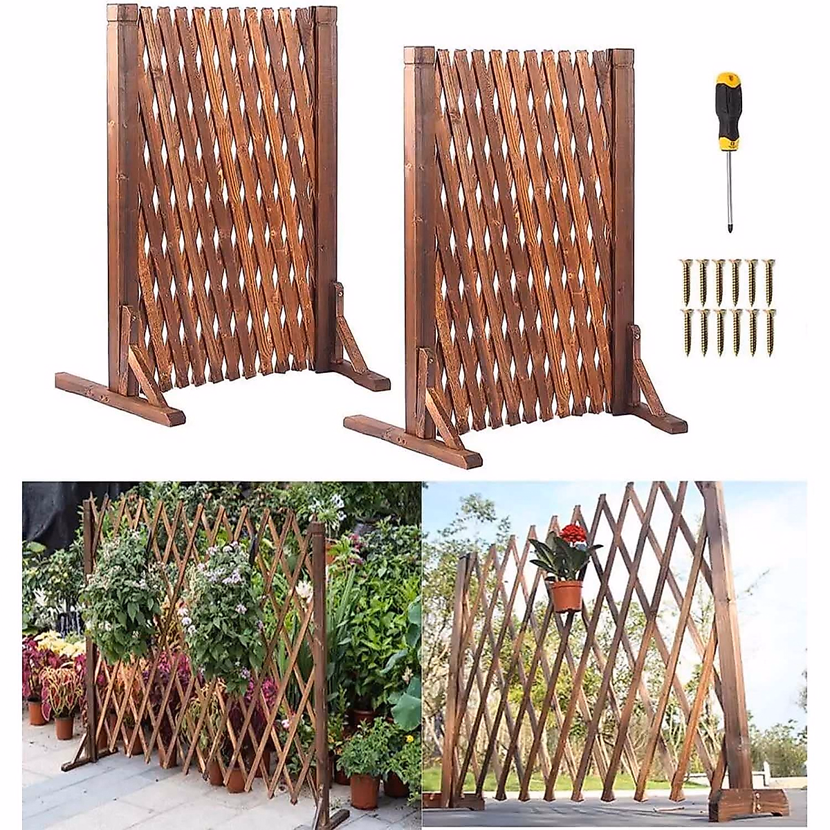 uyouous Garden Fence Wood Garden Fencing 2 Pack Extendable Instant Fence Wooden Garden Fence Expandable Freestanding Wood Garden Trellis Fence for Home Yard Garden Indoor Outdoor
